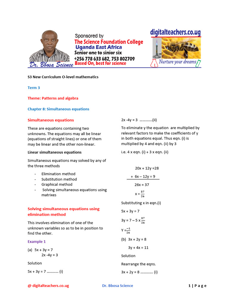S3 New Curriculum O Level Math Chapter 9 SIMULTANEOUS EQUATIONS | PDF ...