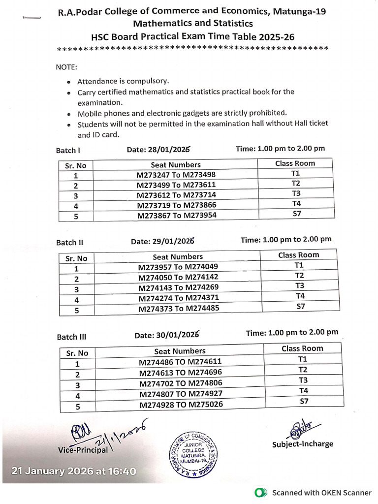 HSC Board Maths Practical Timetable 2026 | PDF