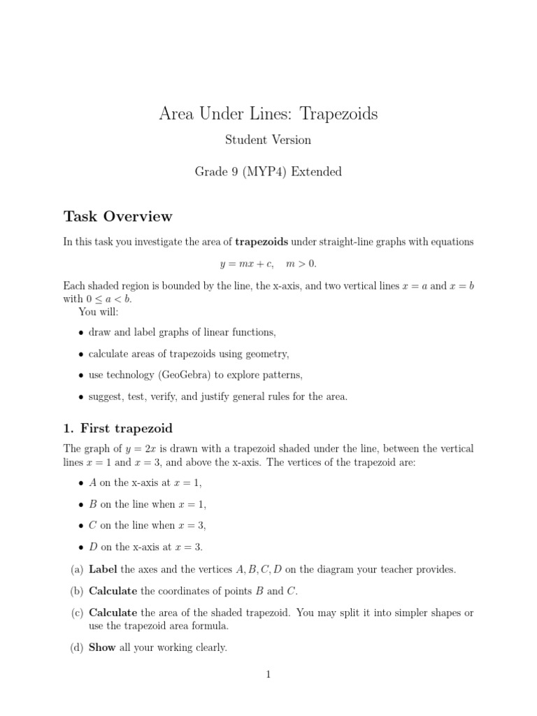Area Under Lines Trapezoids Student Version | PDF | Area | Mathematics