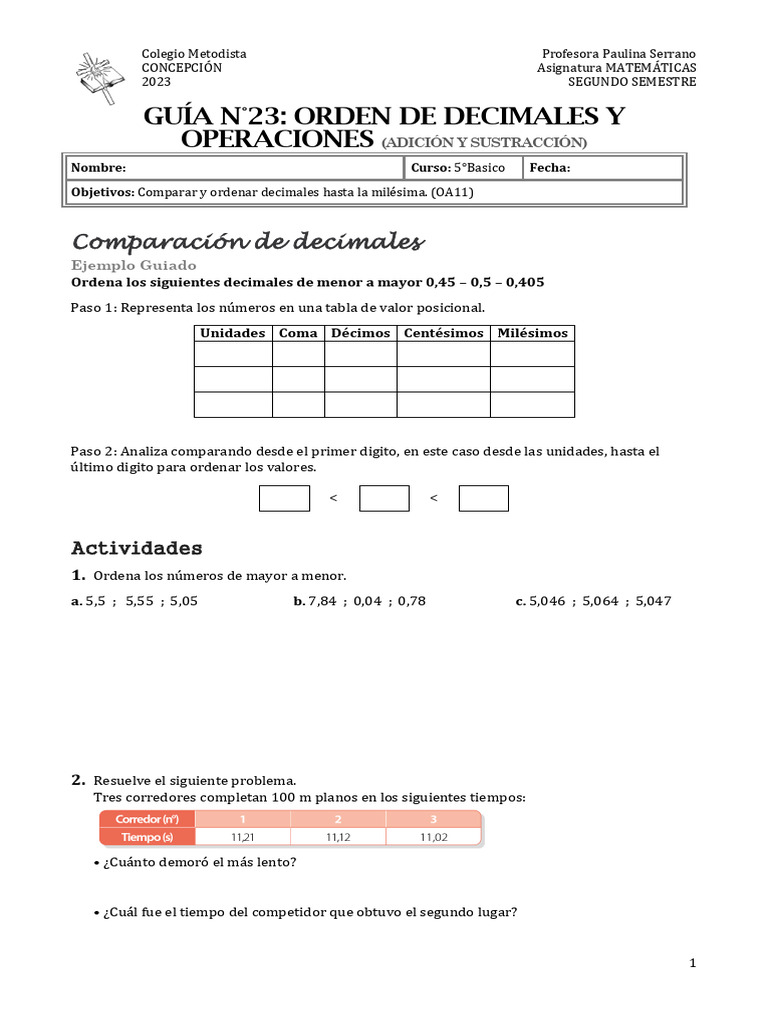 Guia 23 - 5to - Mat - Orden de Decimales y Operaciones | PDF