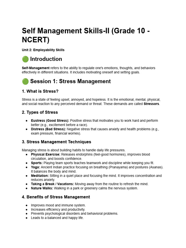 Self Management Skills-II Notes | PDF | Stress (Biology) | Stress ...