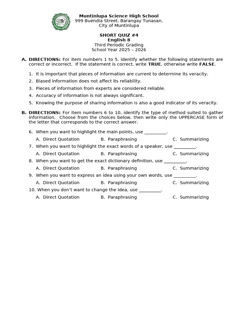 Short Quiz #4 | PDF
