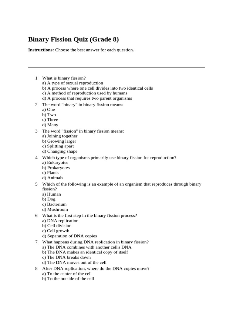 Binary Fission Quiz (Grade 8) | PDF | Cell (Biology) | Mitosis