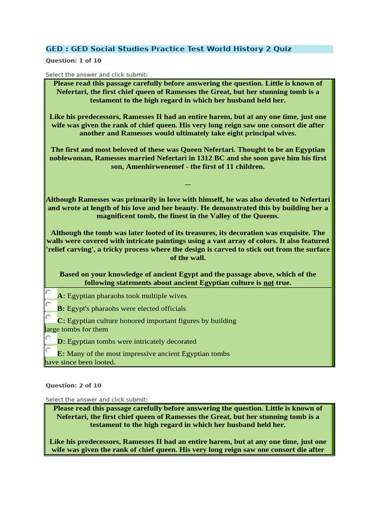 GED Social Studies Practice Test World History 2 Quiz | PDF | Ancient Egypt