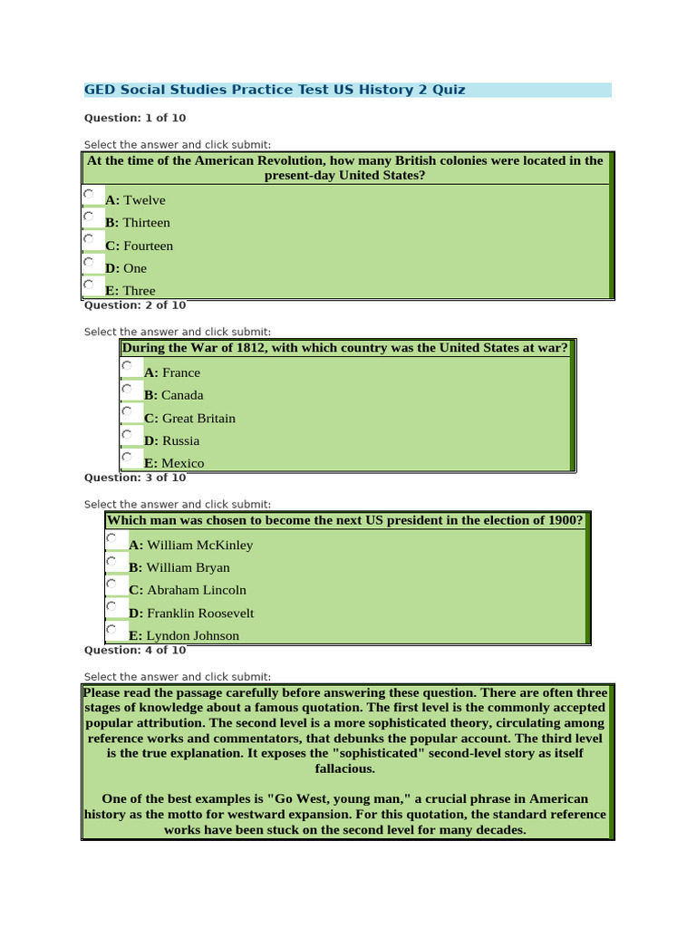 GED Social Studies Practice Test US History 2 Quiz | PDF
