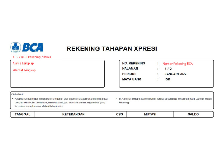 Contoh - Rekening Tahapan BCA Xpresi | PDF