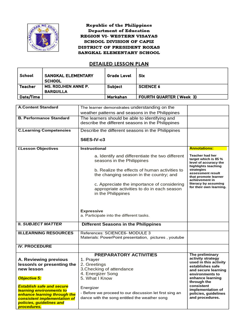 Elem Lesson Plan - Grade 6 q4 w3 Science - Seasons in The Philippines ...