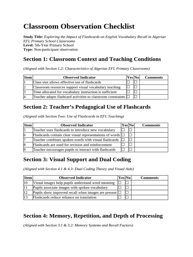 Classroom Observation Checklist Sihem | PDF | Vocabulary | Recall (Memory)