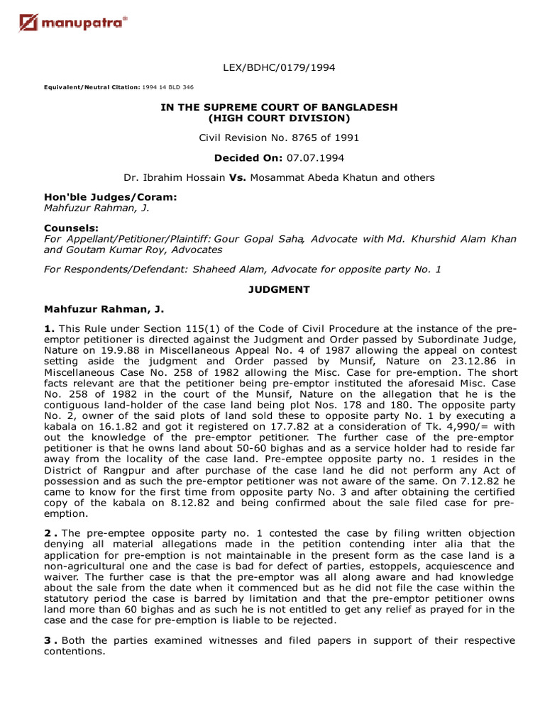 Dr Ibrahim Hossain vs Mosammat Abeda Khatun and OtBDHC940179COM957714 ...