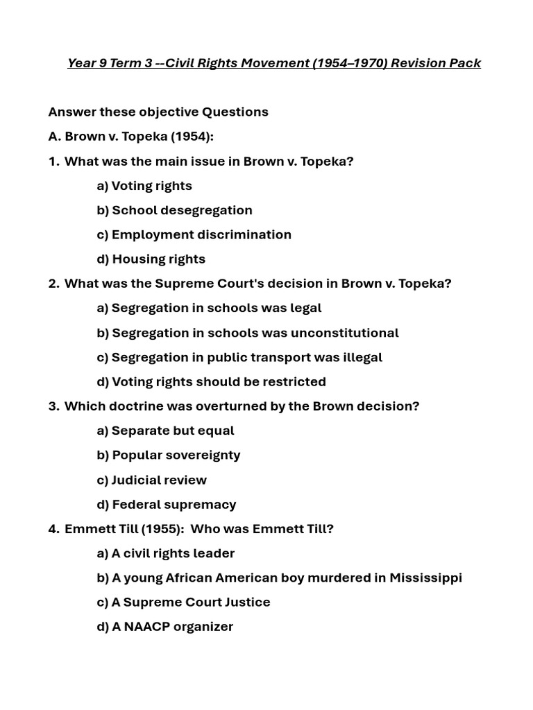 Term 3 - Civil Rights Movement (1954-1970) Revision Pack | PDF | Martin ...