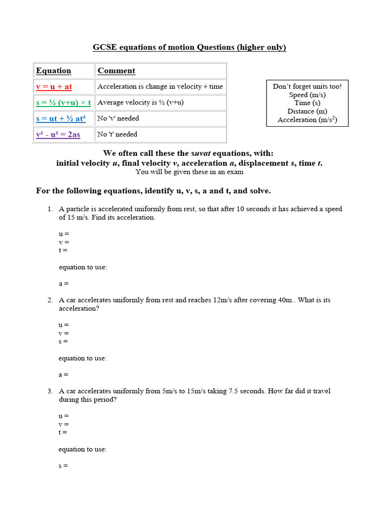 GCSE Equations of Motion Questions (Higher Only) | PDF | Acceleration ...