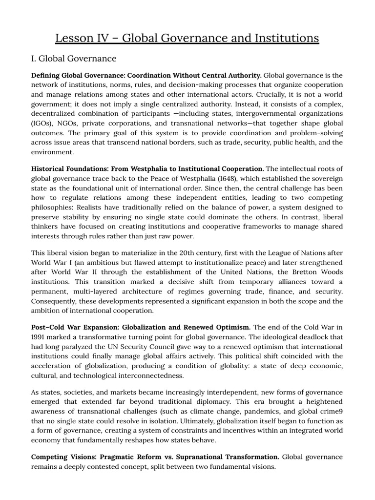 Lesson IV - Global Governance and Institutions | PDF | Global ...
