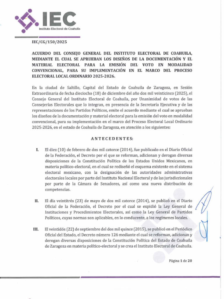 IEC - CG.150.2025 Acuerdo-Documentación y Material Electoral PELO 25-26 ...