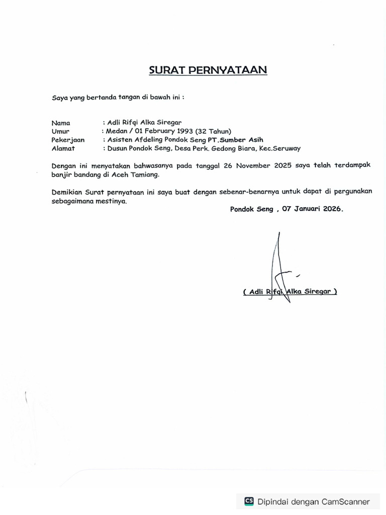 Surat Pernyataan Terdampaknya Banjir Aceh Tamiang 2025 | PDF