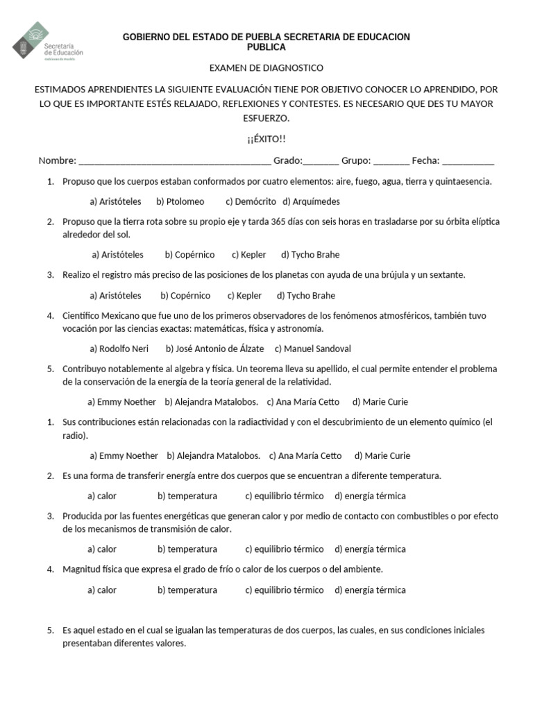 Examen de Diagnostico | PDF | Átomos | Calor