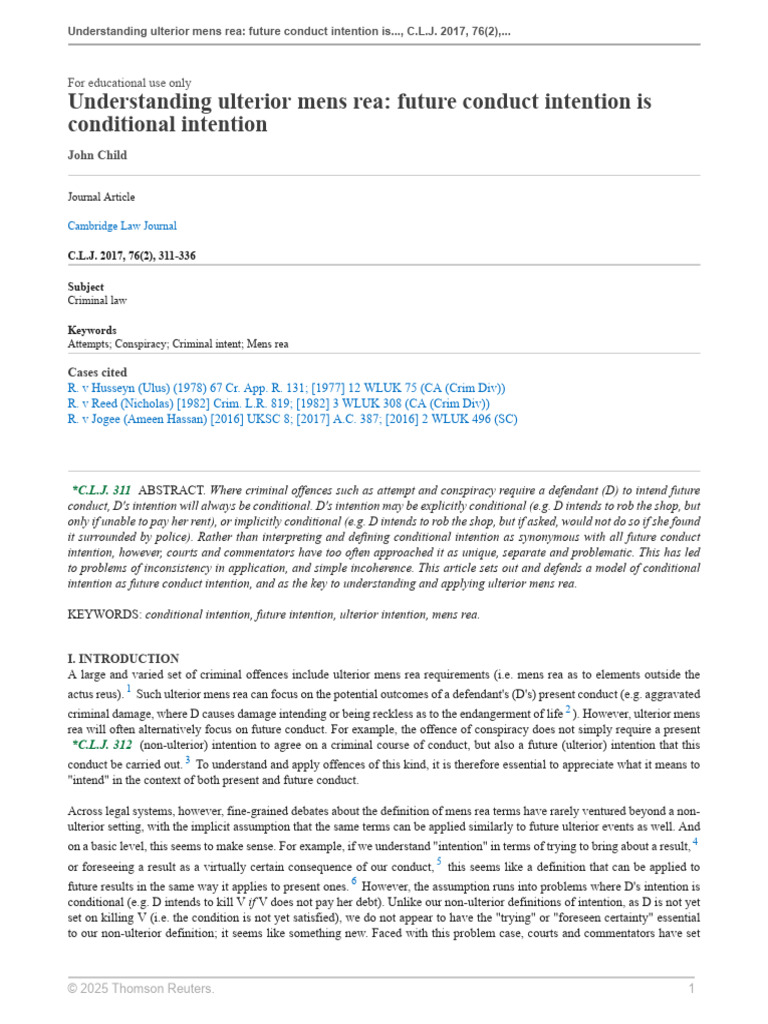 Understanding Ulterior Mens Rea Future Conduct Intention is Conditional ...