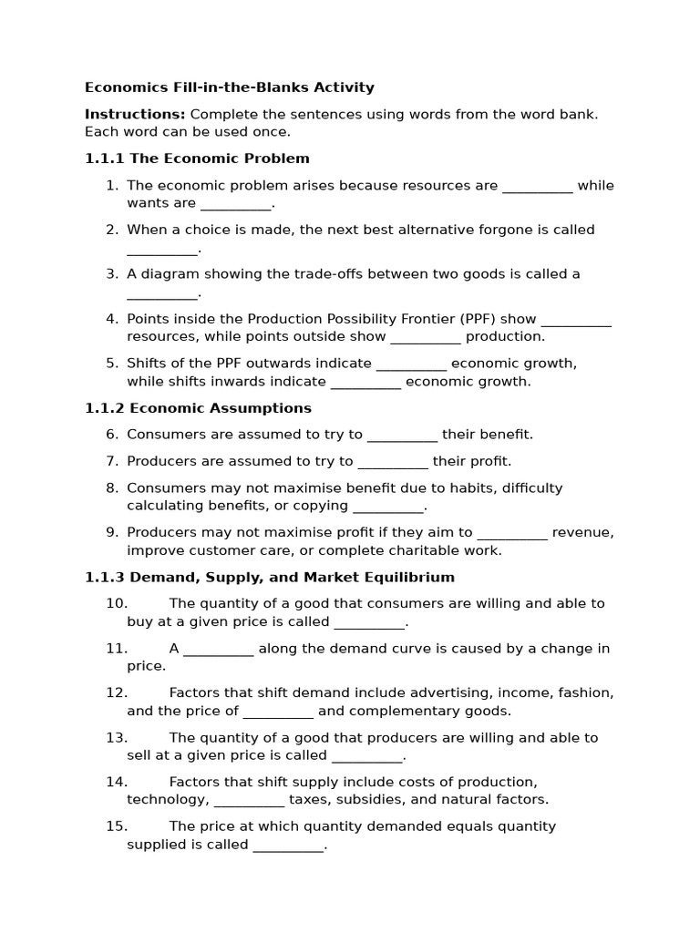 Economics Fill in the blanks | PDF | Demand | Market (Economics)