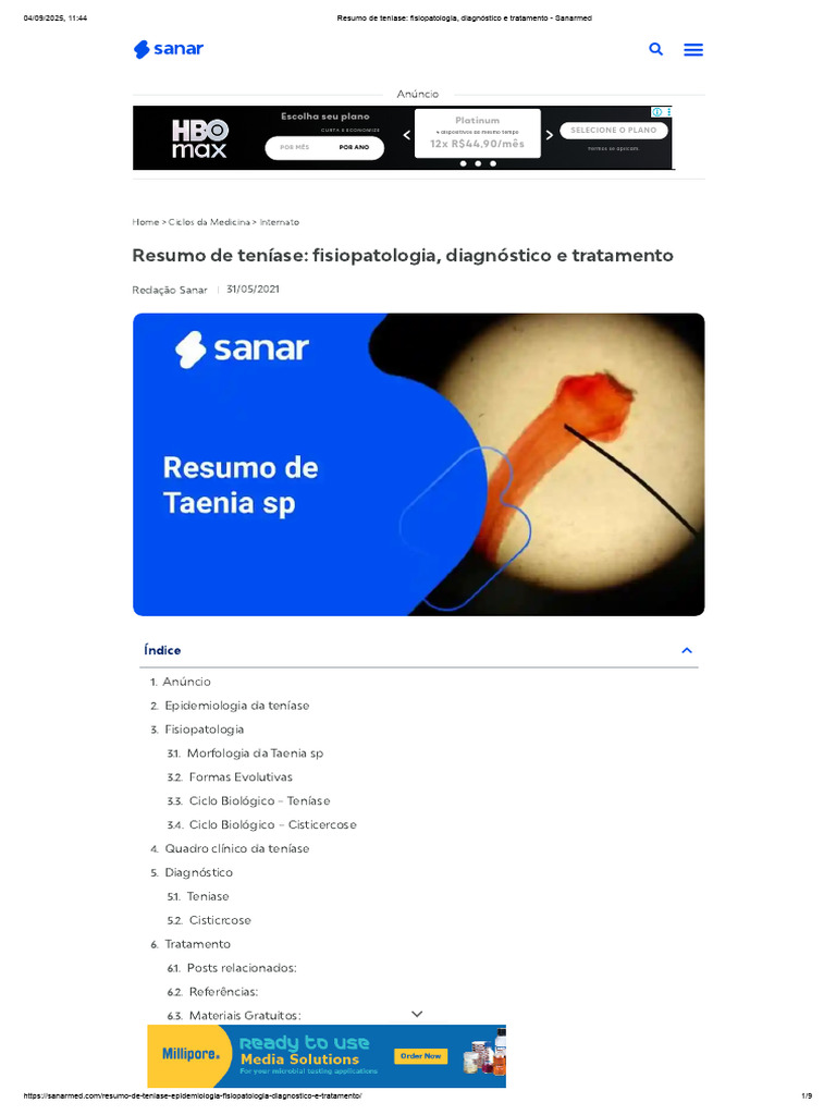 Resumo de Teníase - Fisiopatologia, Diagnóstico e Tratamento - Sanarmed ...