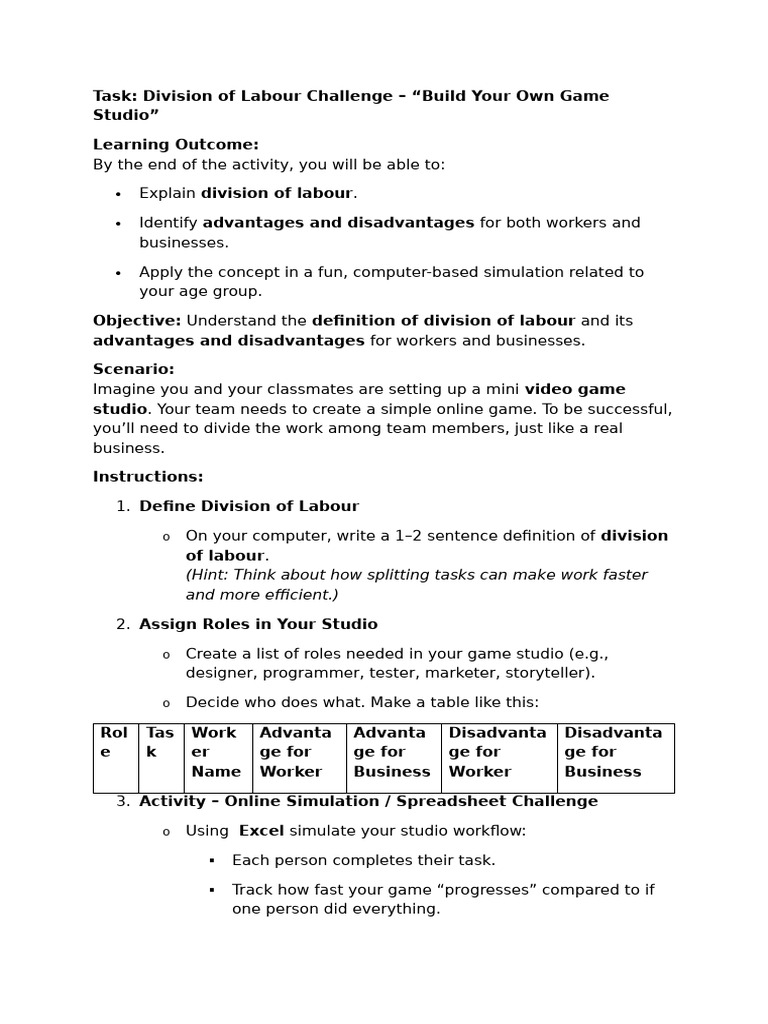 Division of Labour - Activity | PDF