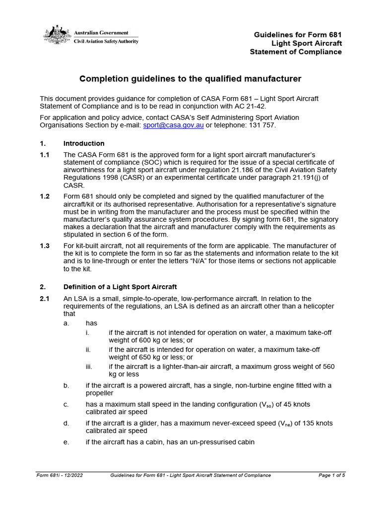 Guidelines for Form 681 Light Sport Aircraft Statement Compliance Form ...