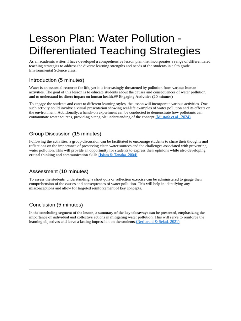 Lesson Plan Water Pollution Differentiated Teaching Strategies | PDF ...