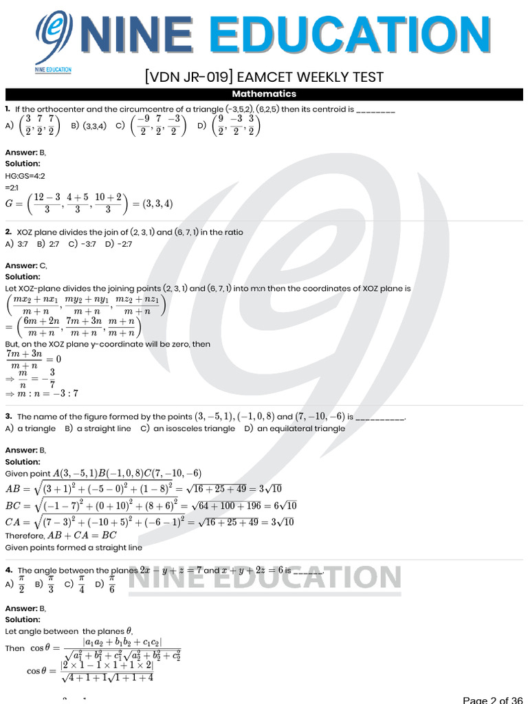 [Vdn Jr-019] Eamcet Weekly Test Solutions and Results | PDF ...