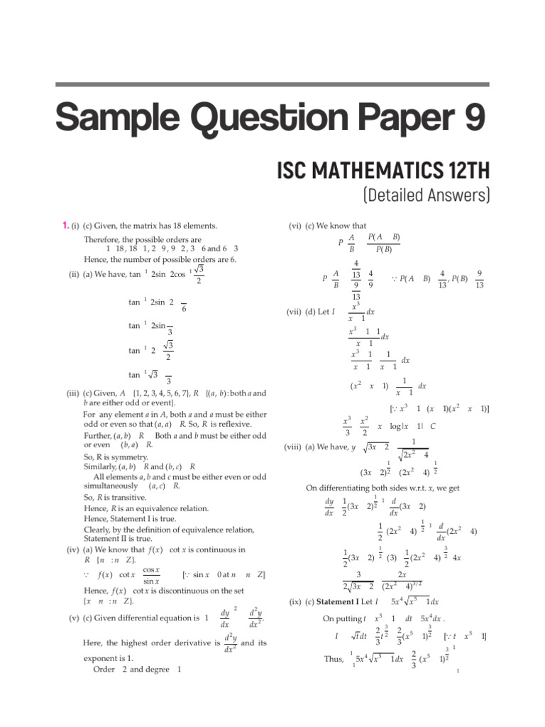 ISCSPMathsSample Paper 09 Sol | PDF | Functions And Mappings ...