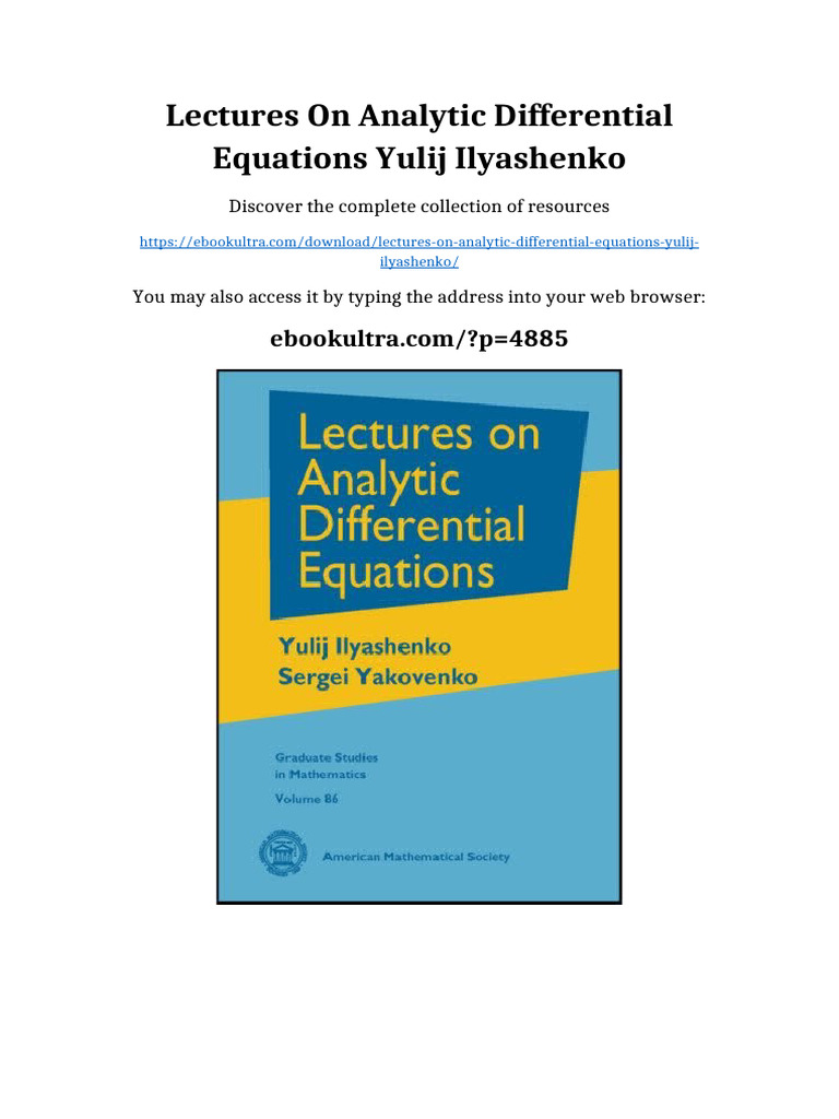 Lectures on analytic differential equations Yulij Ilyashenko digital ...