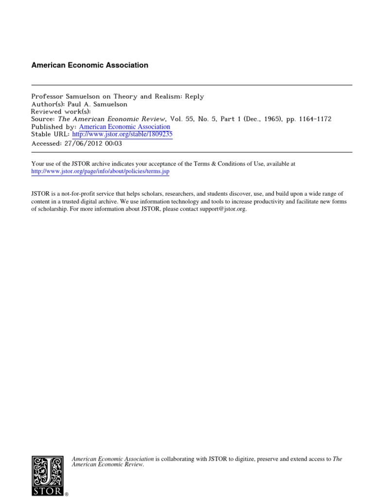 Professor Samuelson On Theory and Realism Reply | PDF | Theory | Gases
