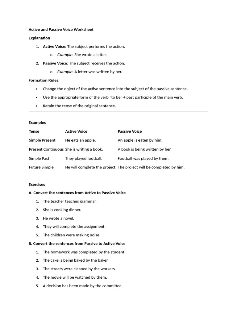 Active and Passive Voice Worksheet 1 Class 8 | PDF | Verb | Subject ...