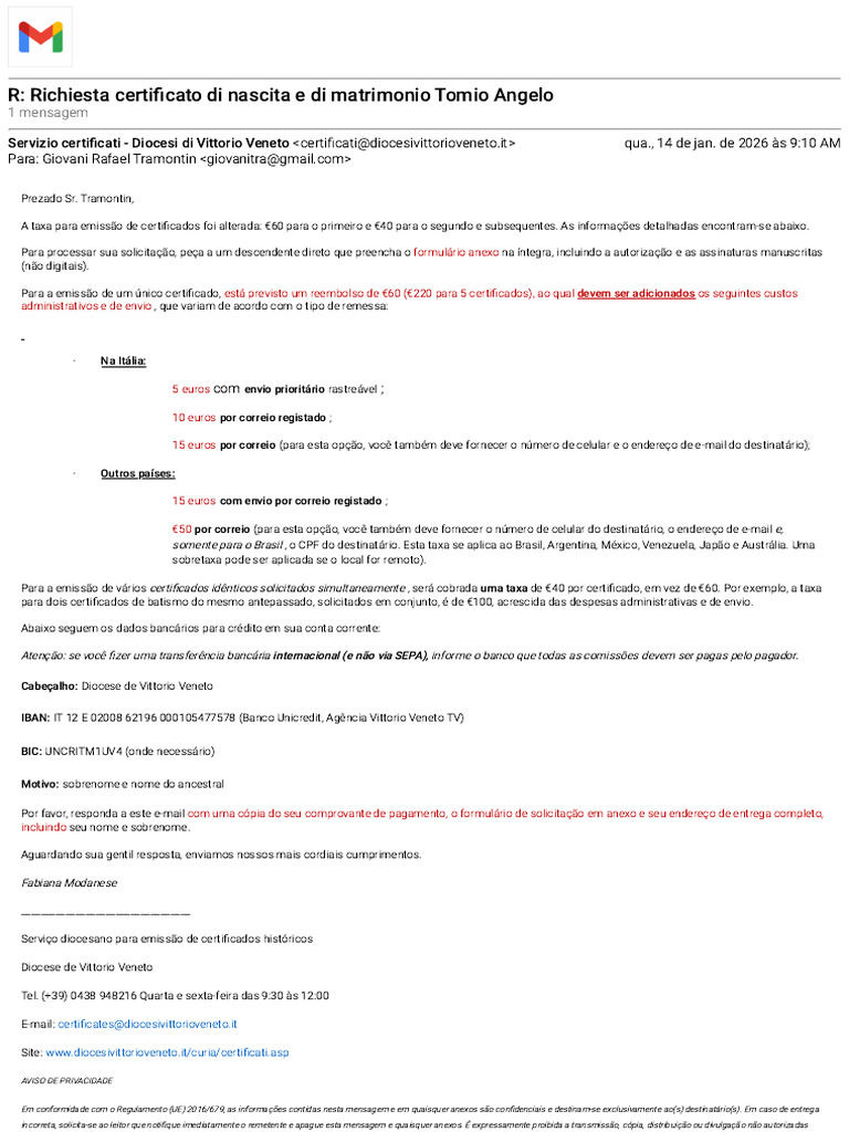 Richiesta Certificato Di Nascita e Di Matrimonio Tomio Angelo | PDF