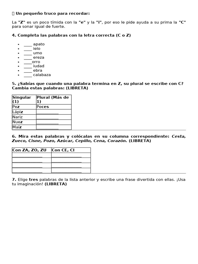 Palabras Con Za Zo Zu Ce Ci | PDF