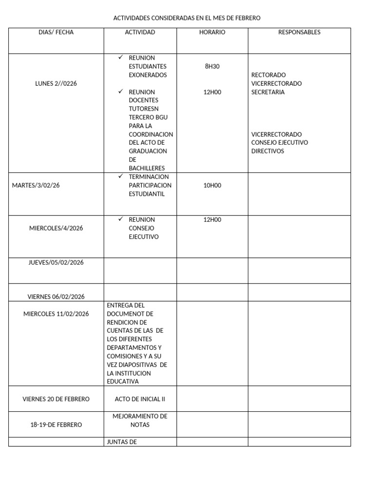 Actividades Consideradas en El Mes de Febrero | PDF