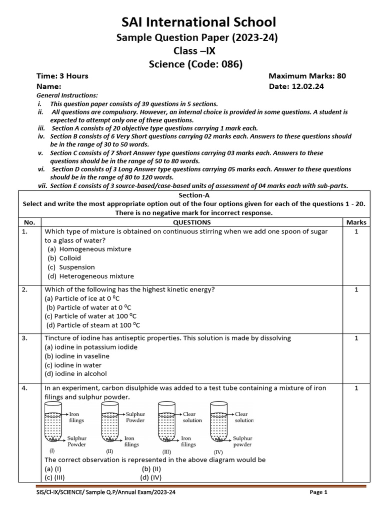 Cl-Ix-Science Sample Paper For Annual Exam-Qp-2023-24 | PDF | Atoms ...