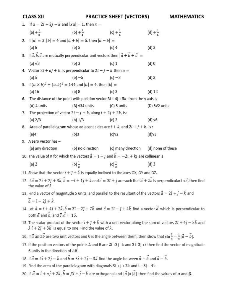 Vectors - Practice Sheet | PDF | Euclidean Vector | Euclidean Geometry