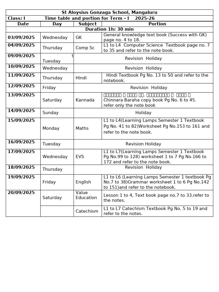 Class 1 Time Table and Portion for Term 1 Docx 2025-26 | PDF