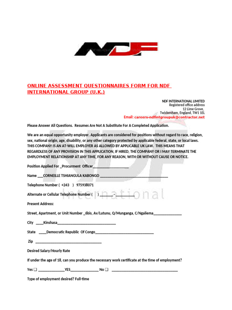 Online Assessment Form for Ndf Int Group Uk | PDF | Employment | Crimes
