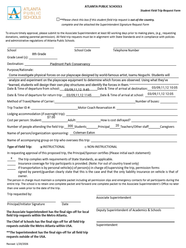 Student Field Trip Request Form UPDATE 1-2026 | PDF