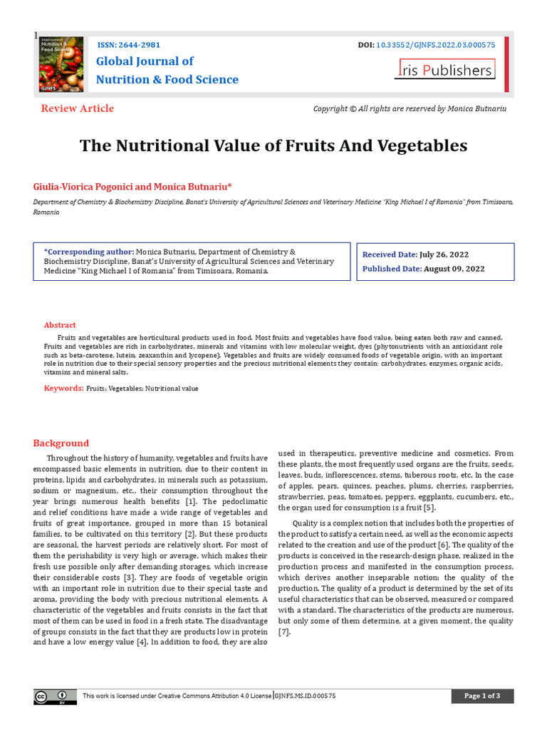 Nutritional Value of Fruits and Vegetables | PDF | Vegetables | Foods