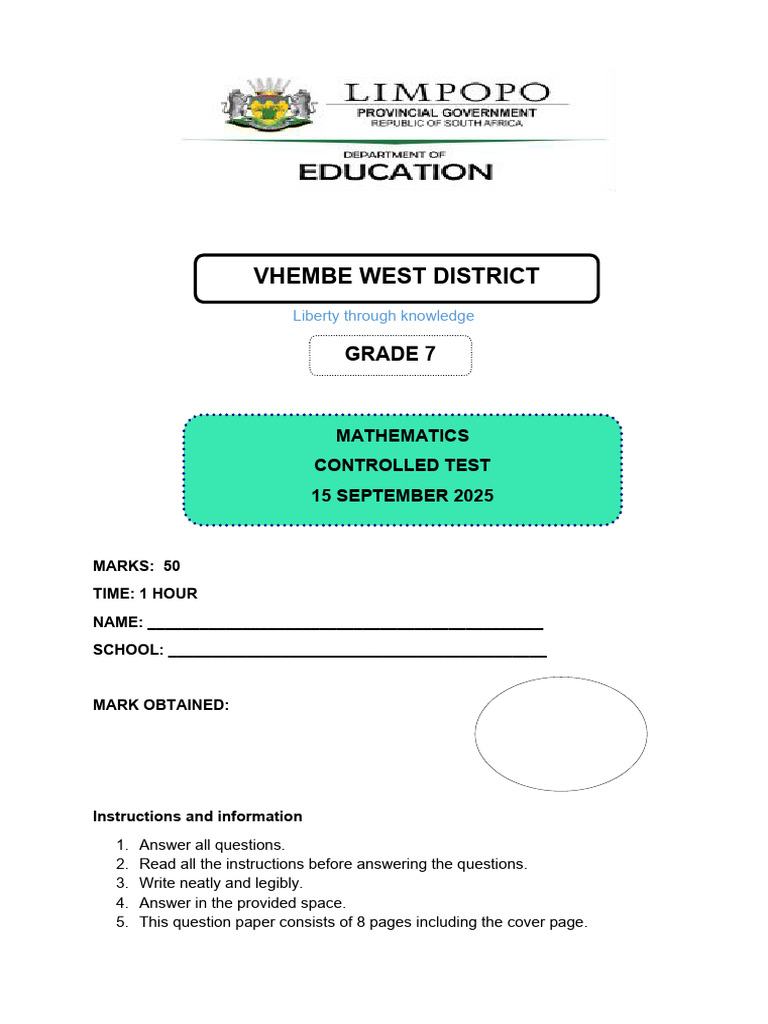 2025 Term 3 Math Gr 7 Controlled Test | PDF | Shape | Triangle