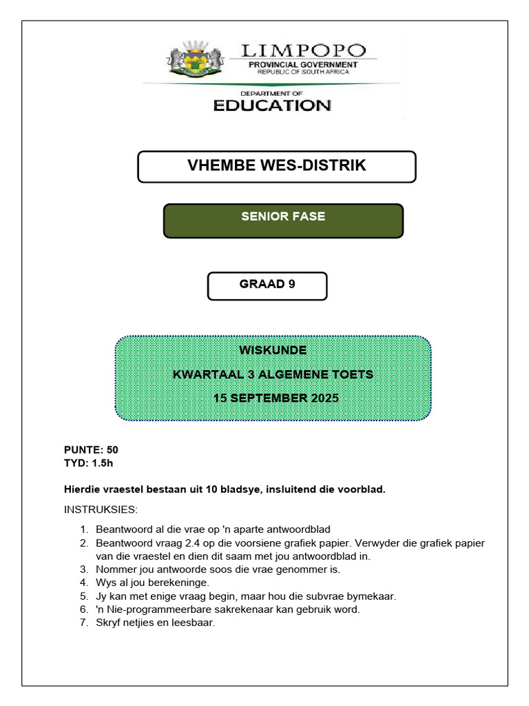2025 Term 3 Math GR 9 Controlled Test AFR | PDF