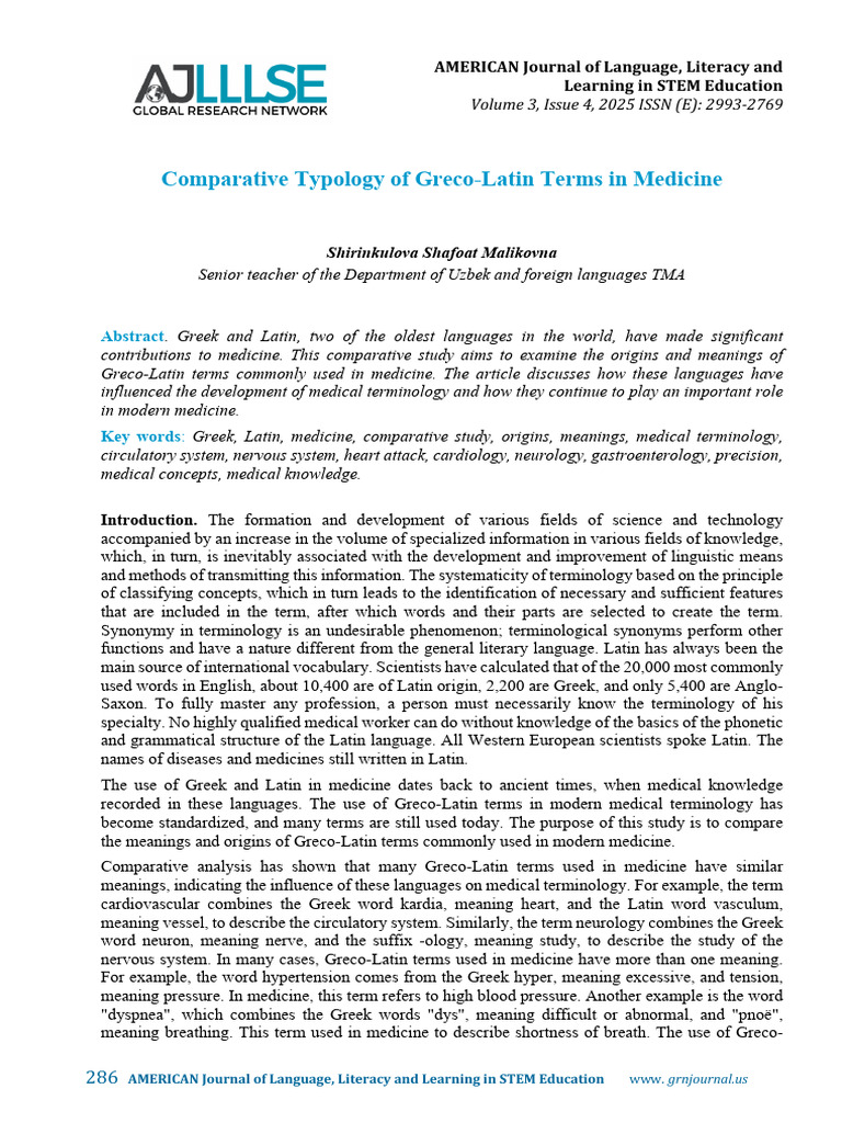 Comparative Typology of Greco-Latin Terms in Medicine: Shirinkulova ...