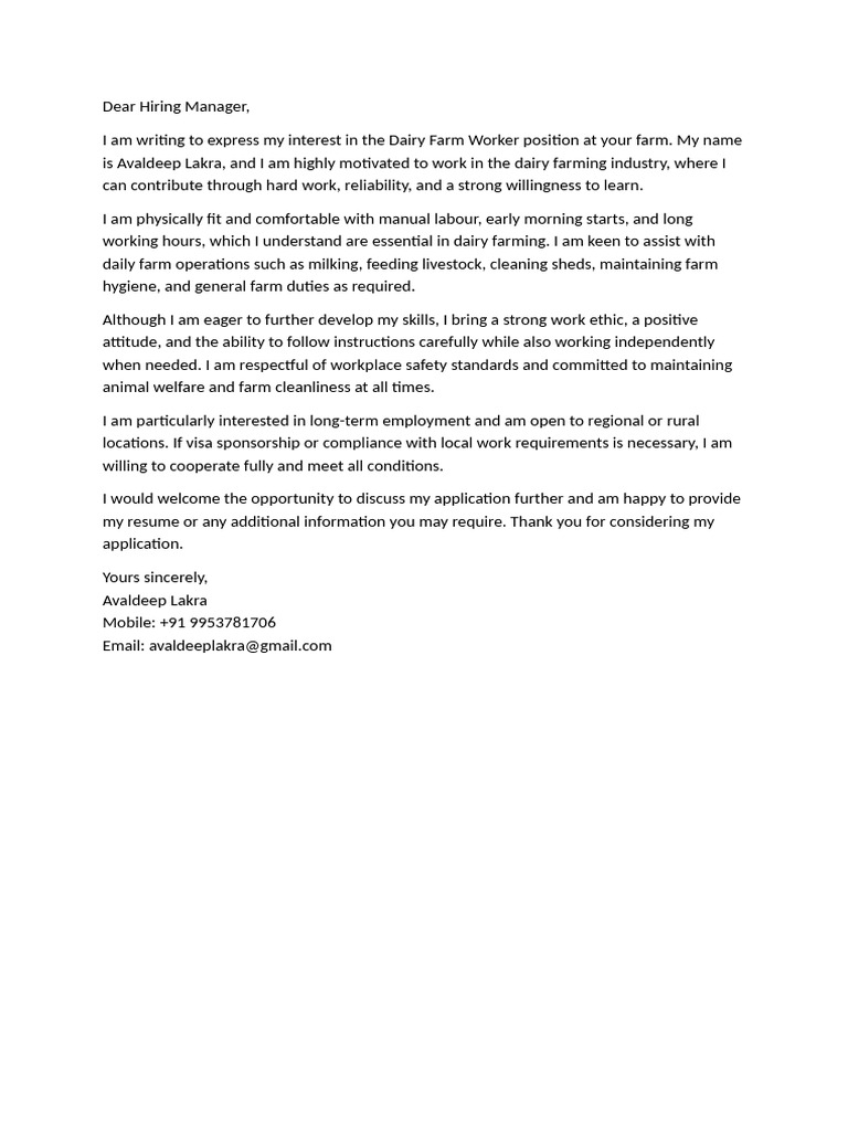 Cover Letter Dairy Farm | PDF