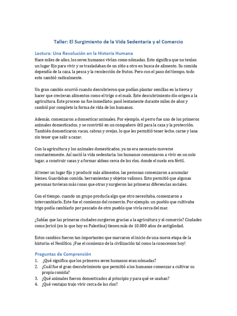 Taller Surgimiento Vida Sedentaria y Comercio | PDF | Domesticación ...