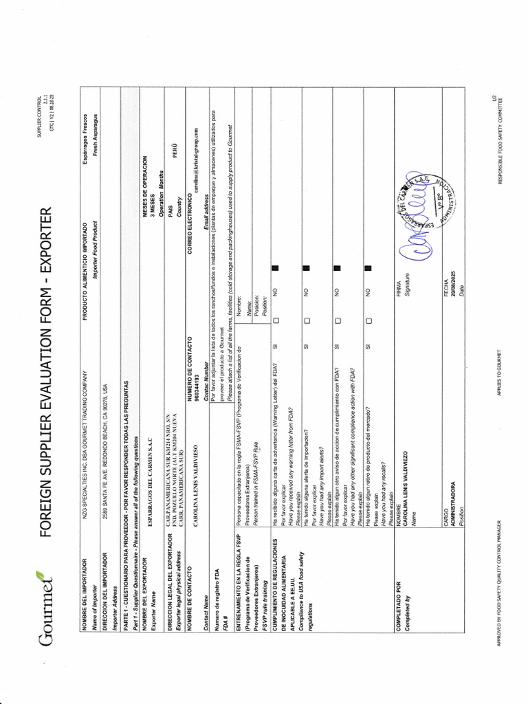 GTC 2.1.2 FSVP Supplier Evaluation Form v2 EXPORTER-E. | PDF