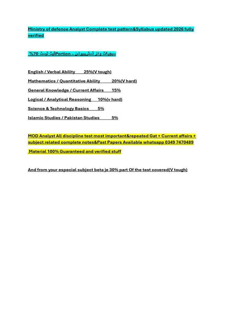 Ministry of Defence Analyst MOD Test Pattern&Syllabus 2026 | PDF