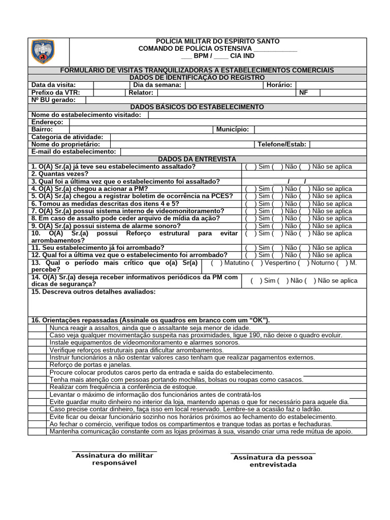 Modelo Formulário de Visitas Tranq Estb Comerciais - DDHPC | PDF