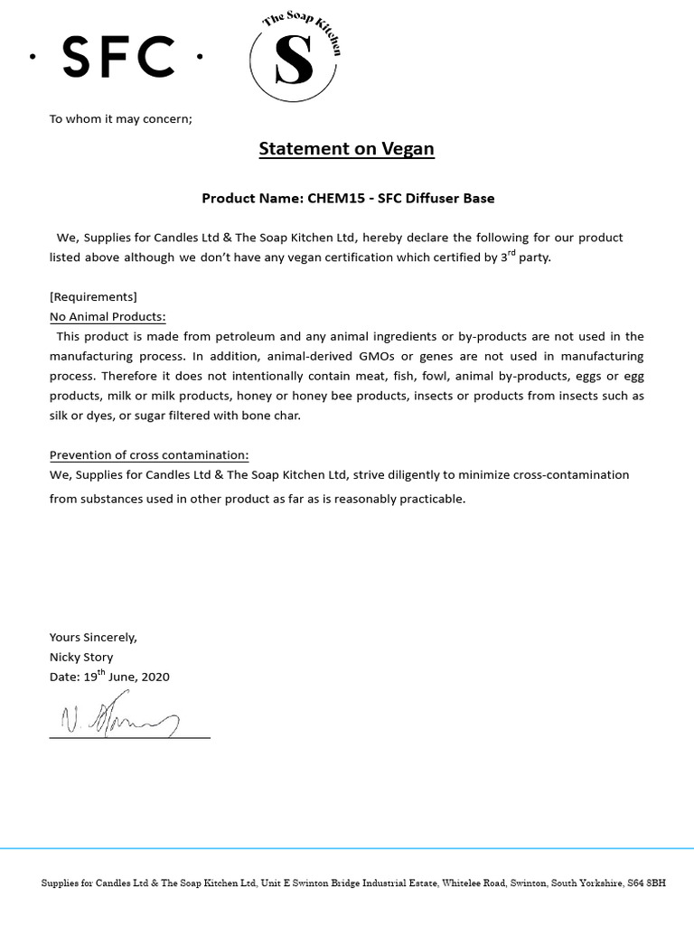 CHEM15 - SFC Diffuser Base Vegan Statement (1) | PDF