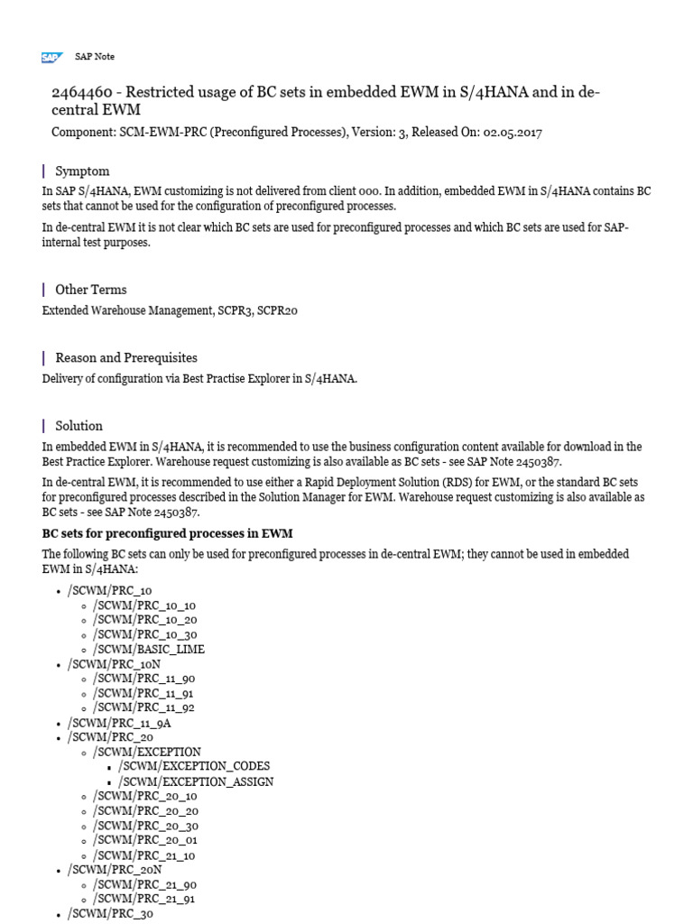 Restricted Usage of BC Sets in Embedded EWM in S4HANA and in De-Central ...