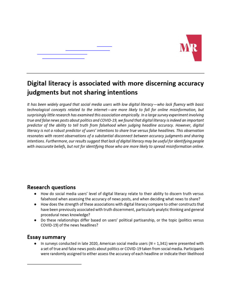 Digital Literacy Is Associated With More Discerning Accuracy | PDF ...